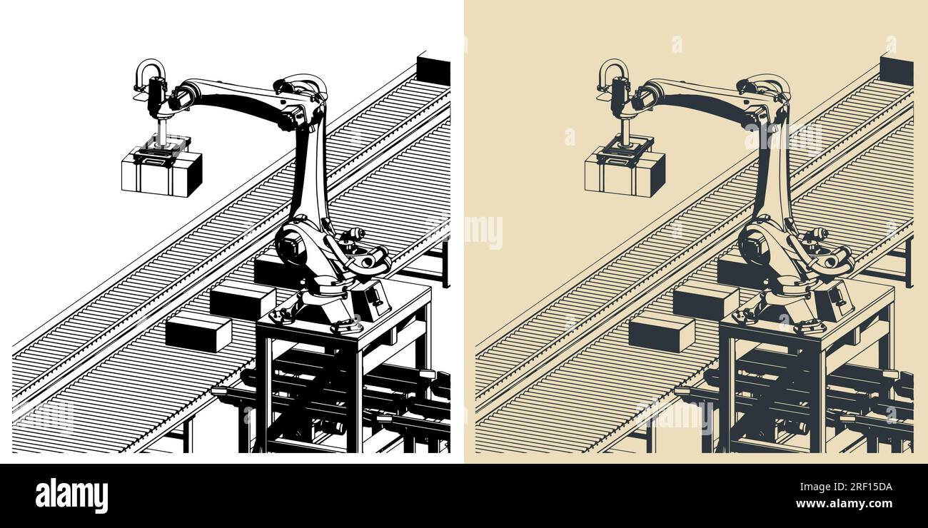 Stylized vector illustration of robotic factory conveyor line Stock ...