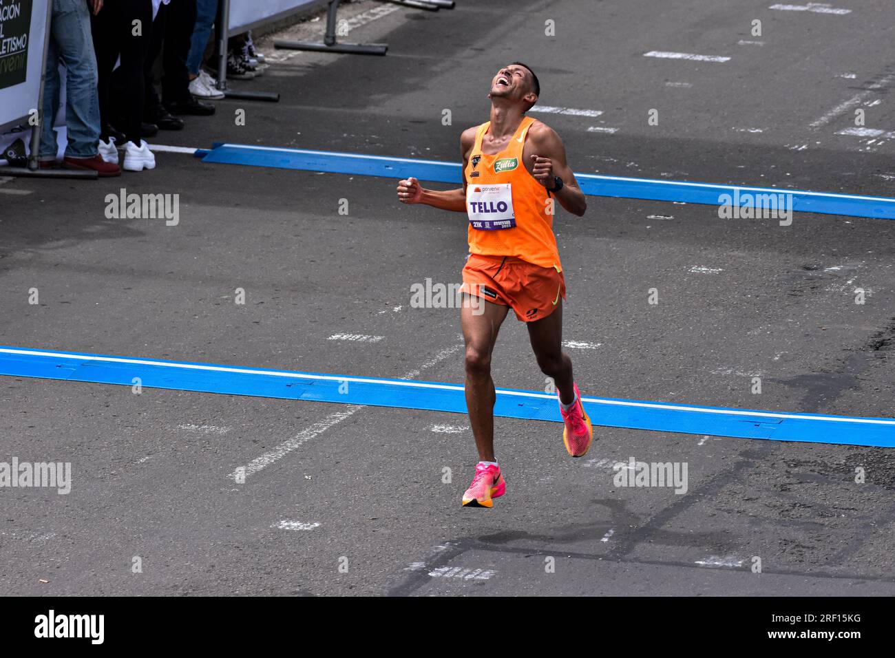 Bogota, Colombia. 30th July, 2023. A competitor celebrates finishing ...