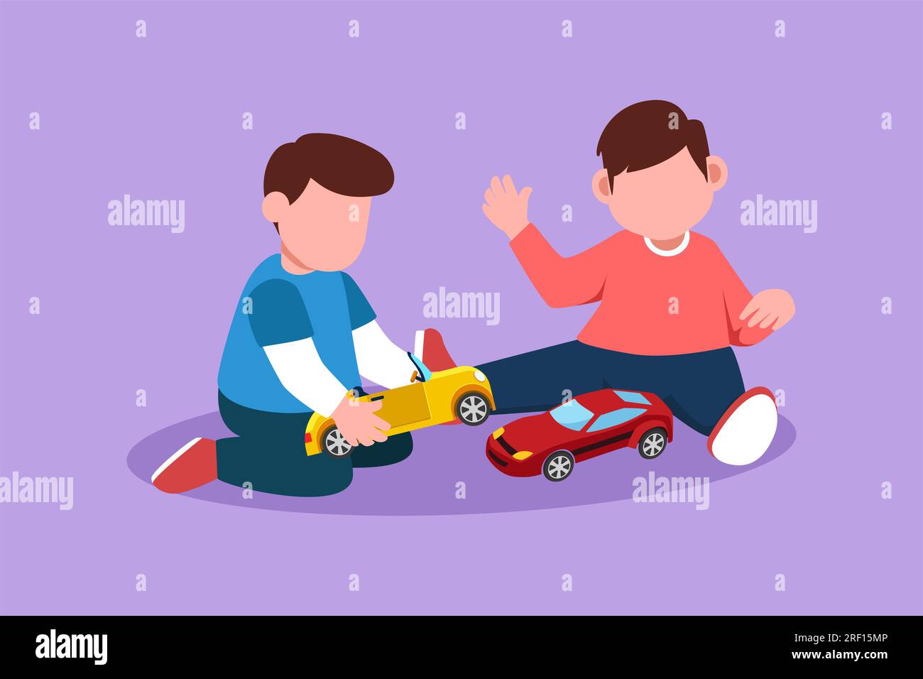 Cartoon flat style drawing two cute little boys playing with their toys ...