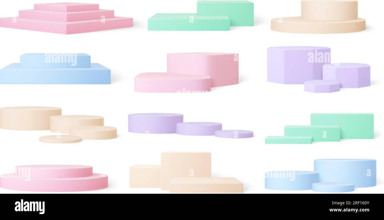 3d pedestals pastel colors. Empty podium realistic elements. Museum or ...