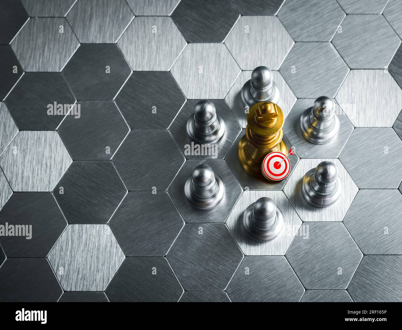 3d target icon with golden pawn standing center in group of silver pawn ...