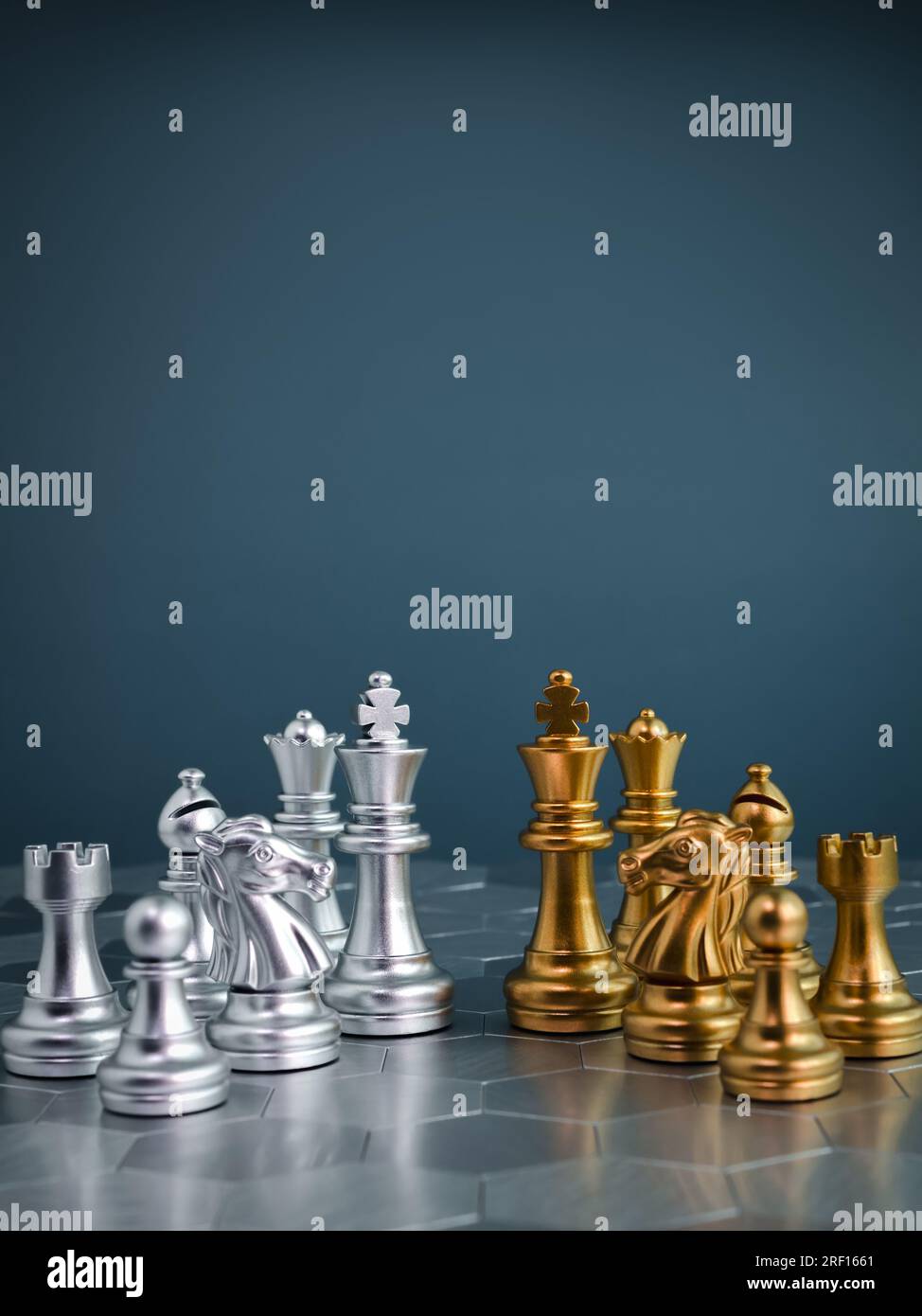 Set of golden and silver chess pieces element, king, queen rook, bishop ...