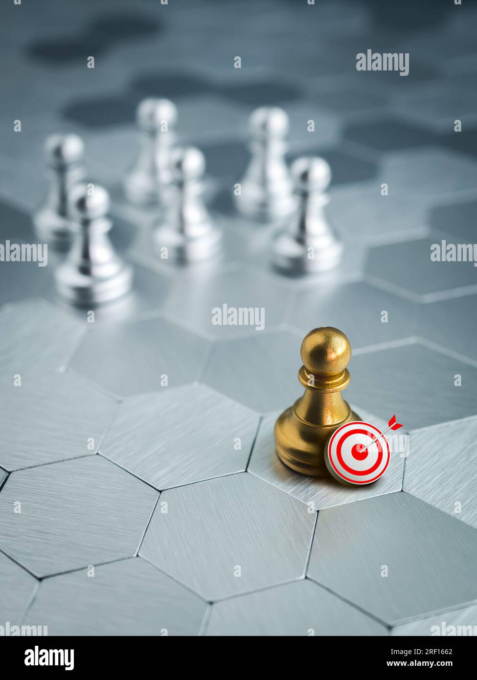 3d target icon with golden pawn standing out from the group of silver ...