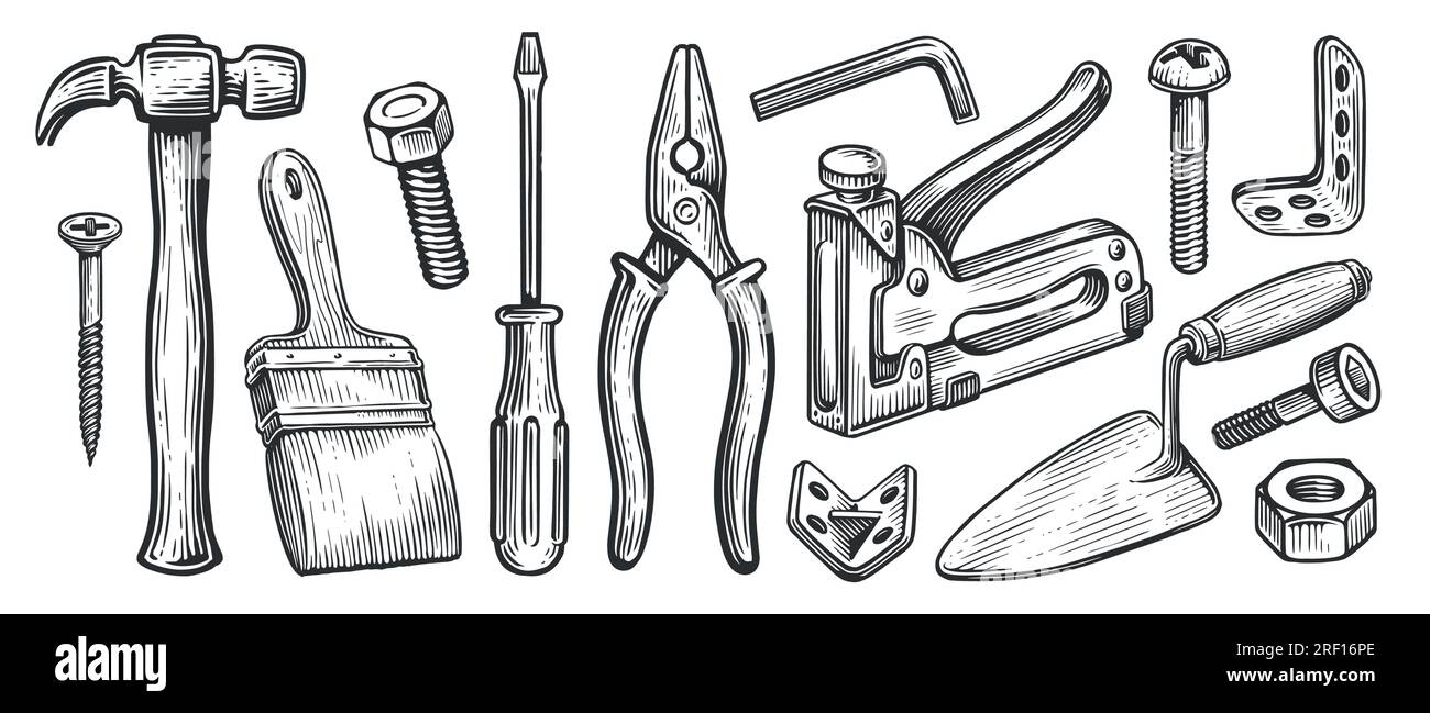 Working tools collection. Repair and construction supplies set. Sketch ...