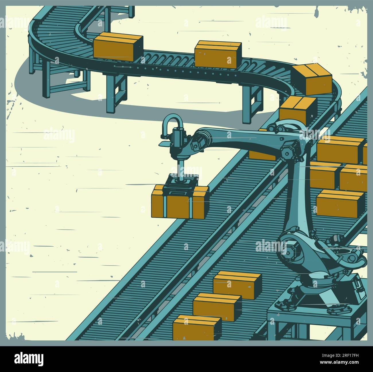 Stylized vector illustration of robotic factory conveyor line in retro ...