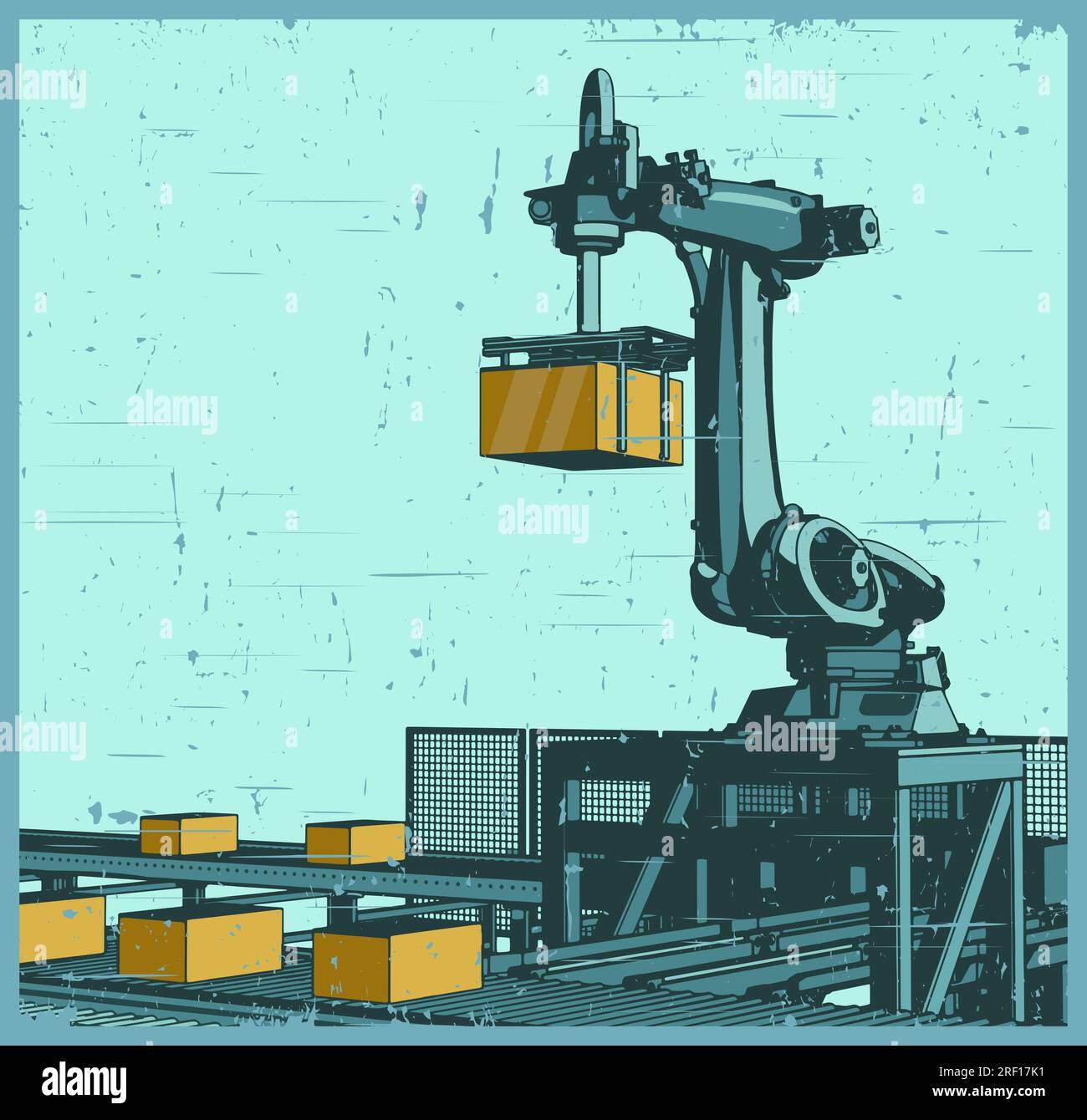 Stylized vector illustration of robotic factory conveyor line in retro ...