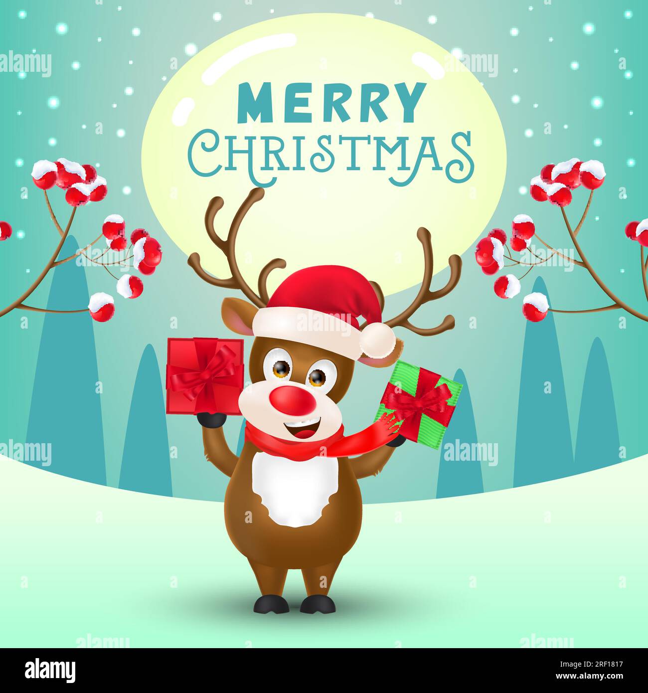 Christmas poster design. Cheerful reindeer in Santa hat Stock Vector ...