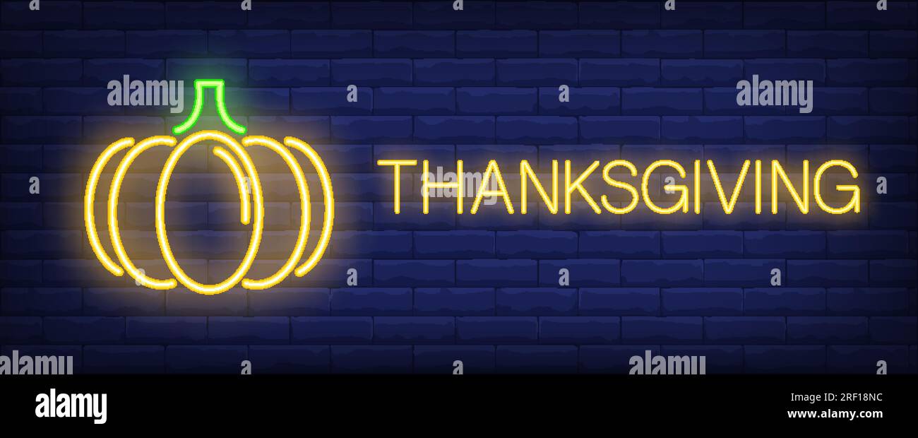 Thanksgiving neon text with pumpkin Stock Vector Image & Art - Alamy