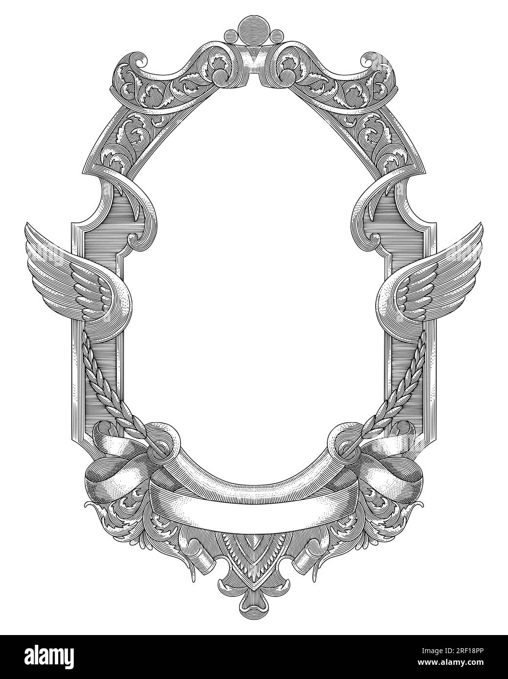 antique frame with wings, floral ornament and banner, vintage engraving ...