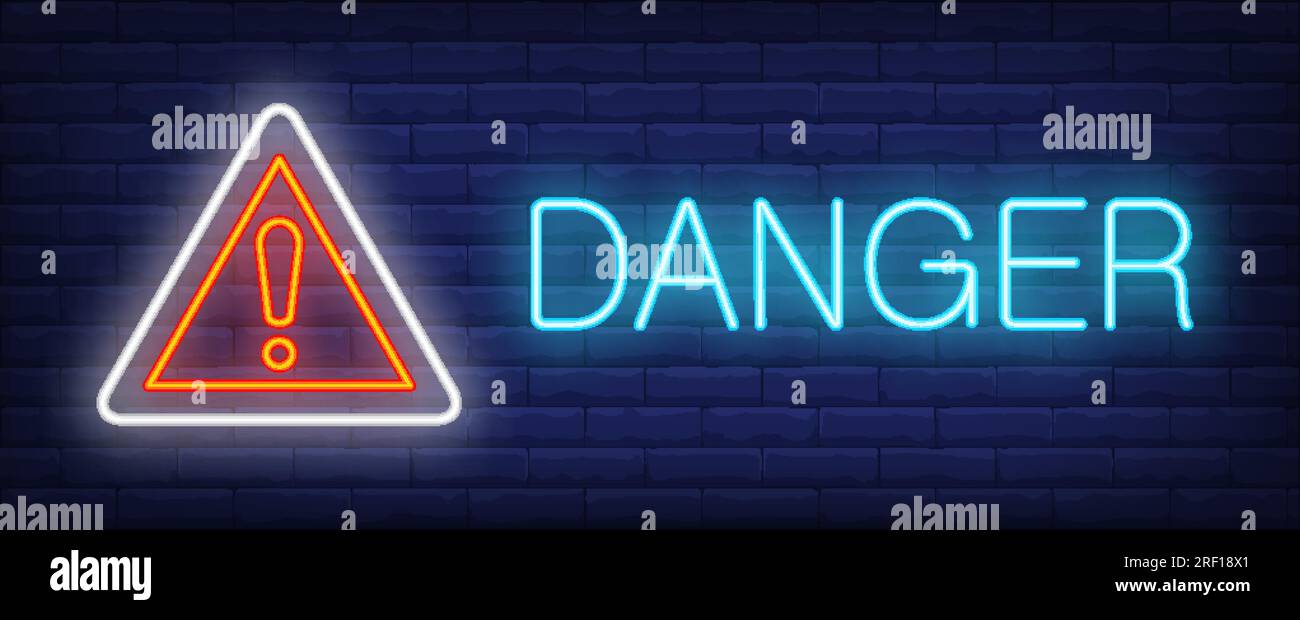 Danger neon text and triangle sign with exclamation mark Stock Vector ...