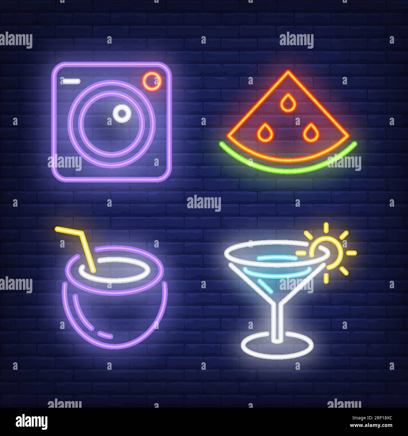 Cocktails, watermelon and camera neon signs set Stock Vector Image ...
