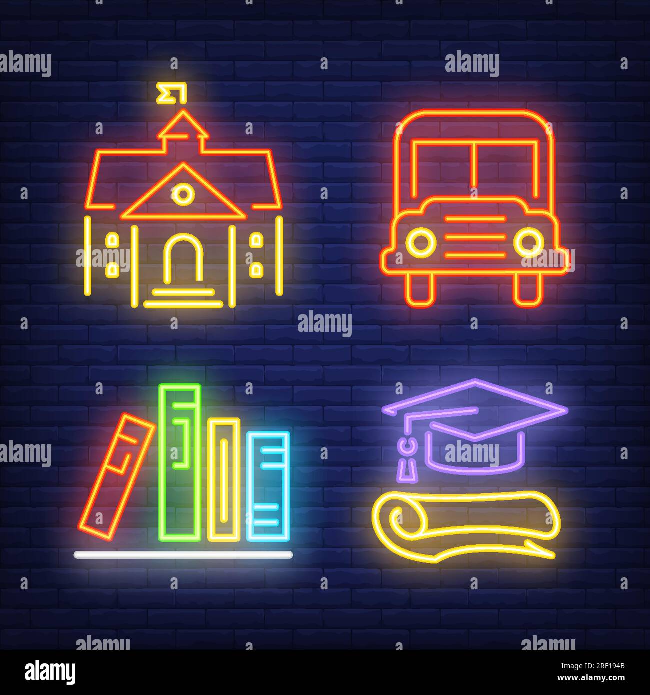 School bus, building, books and graduation cap neon signs set Stock ...