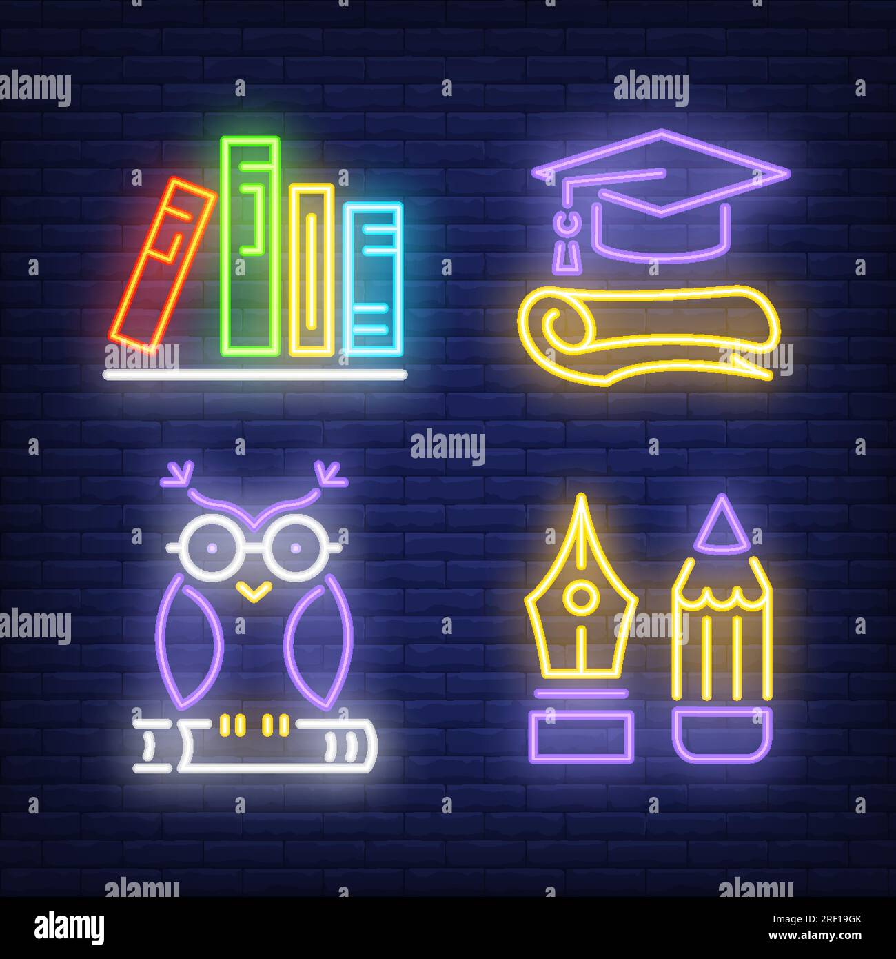 Books, pencil, owl, graduate cap neon signs set Stock Vector Image ...