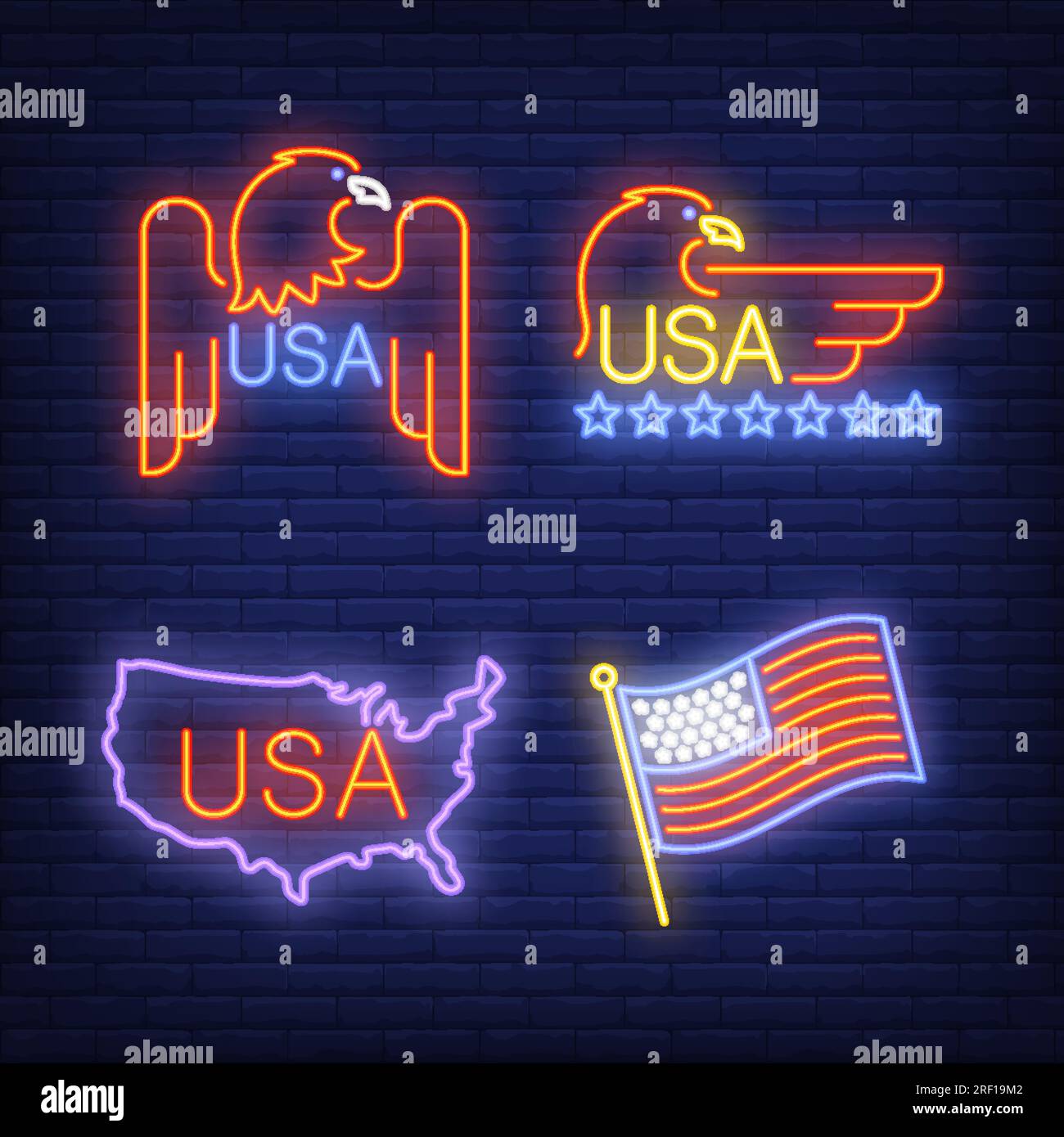 American eagle, USA flag and map neon signs set with text Stock Vector ...