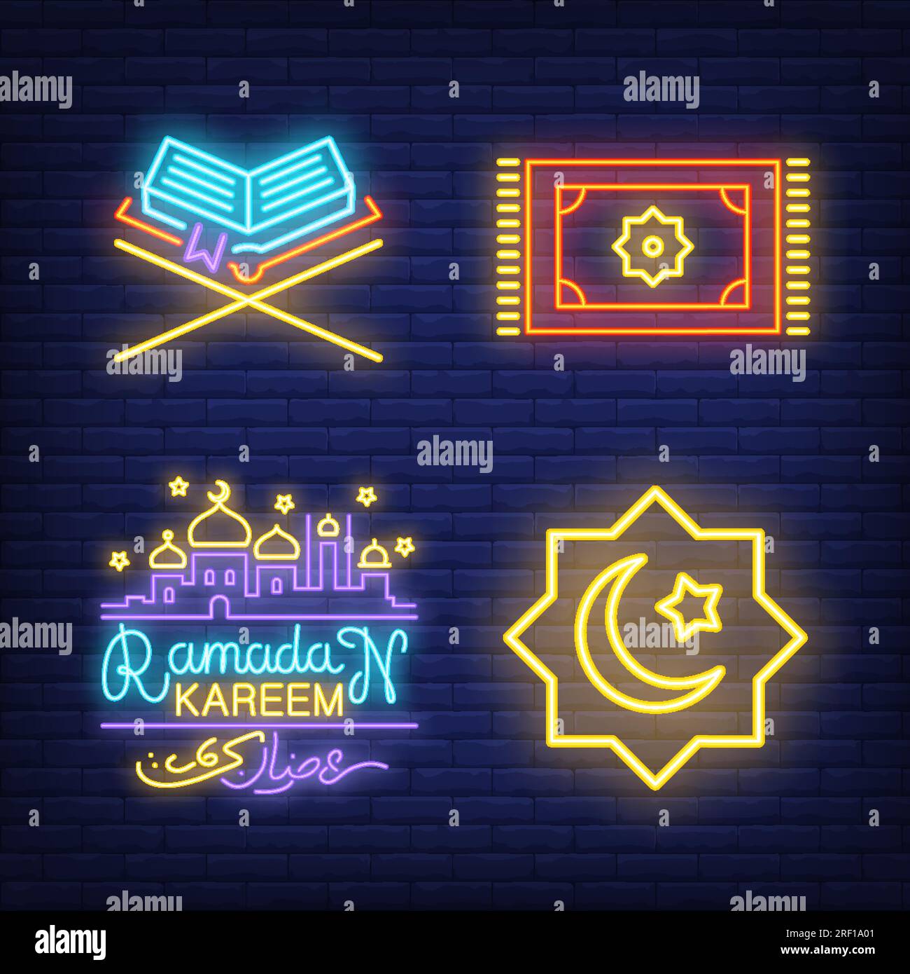 Islamic neon signs set with Koran, prayer carpet and mosque Stock ...