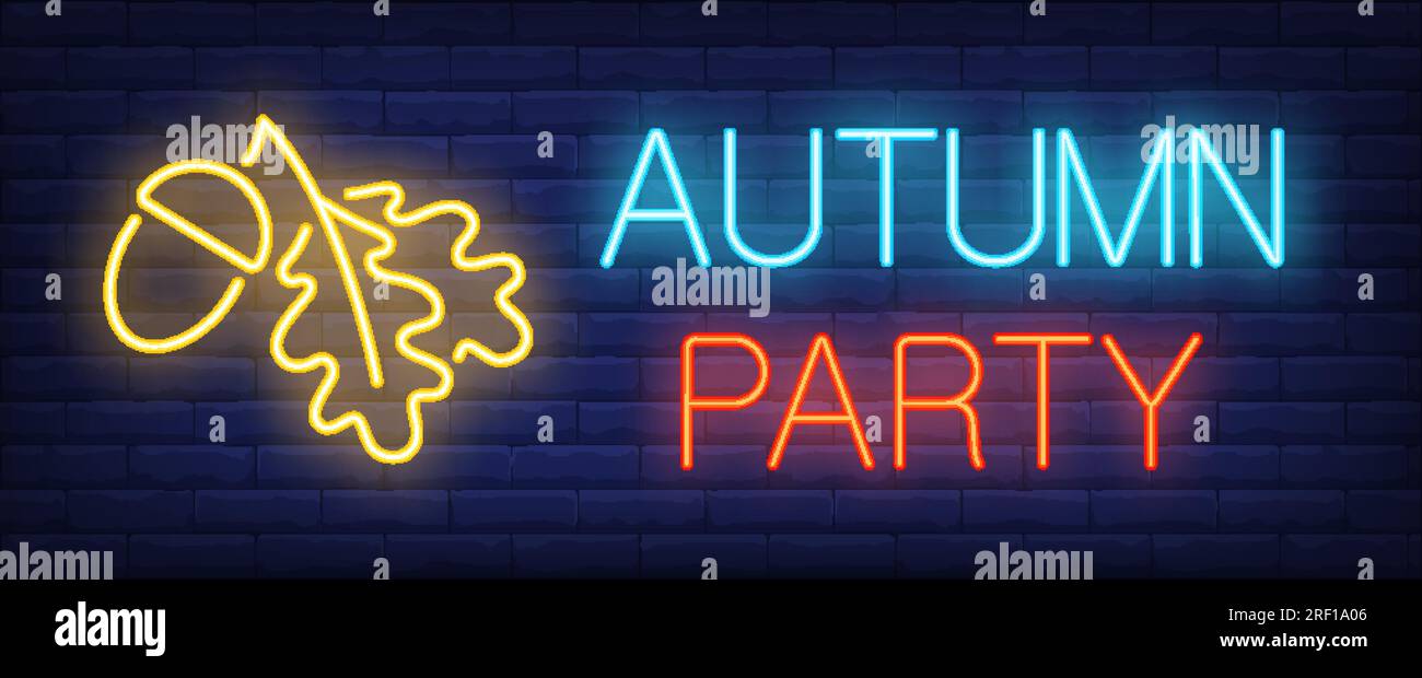 Autumn party neon text with acorn and oak leaves Stock Vector Image ...