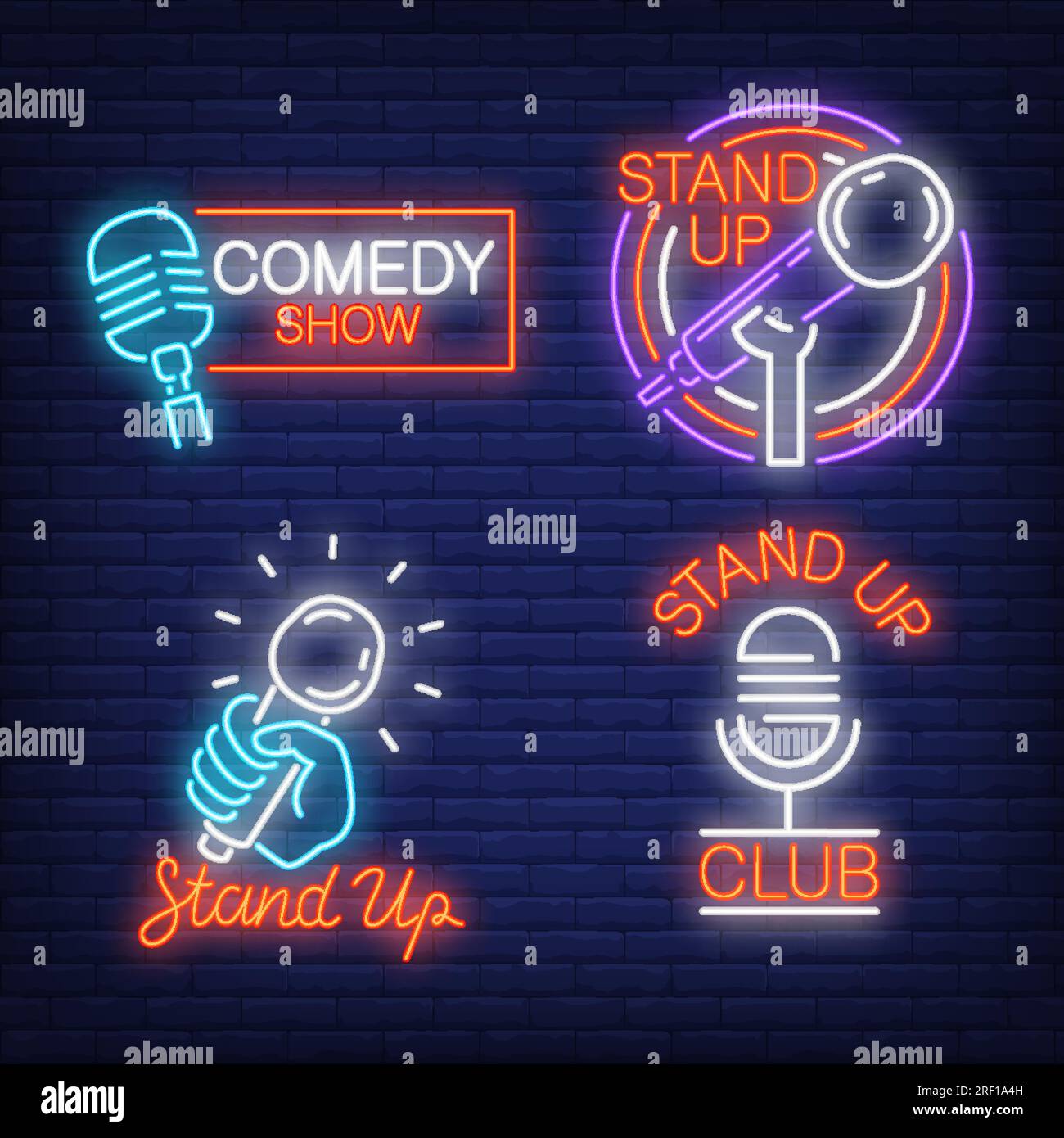 Stand up show neon signs set with microphones Stock Vector Image & Art ...