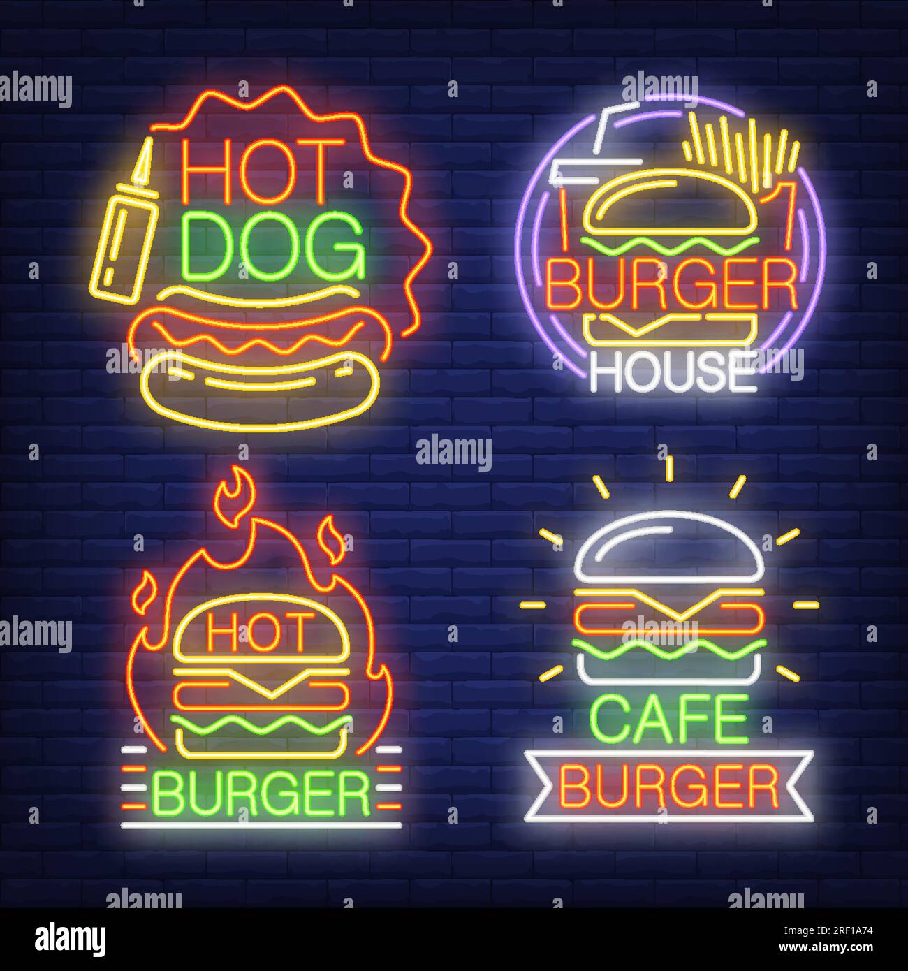 Burger cafe neon sign set Stock Vector Image & Art - Alamy