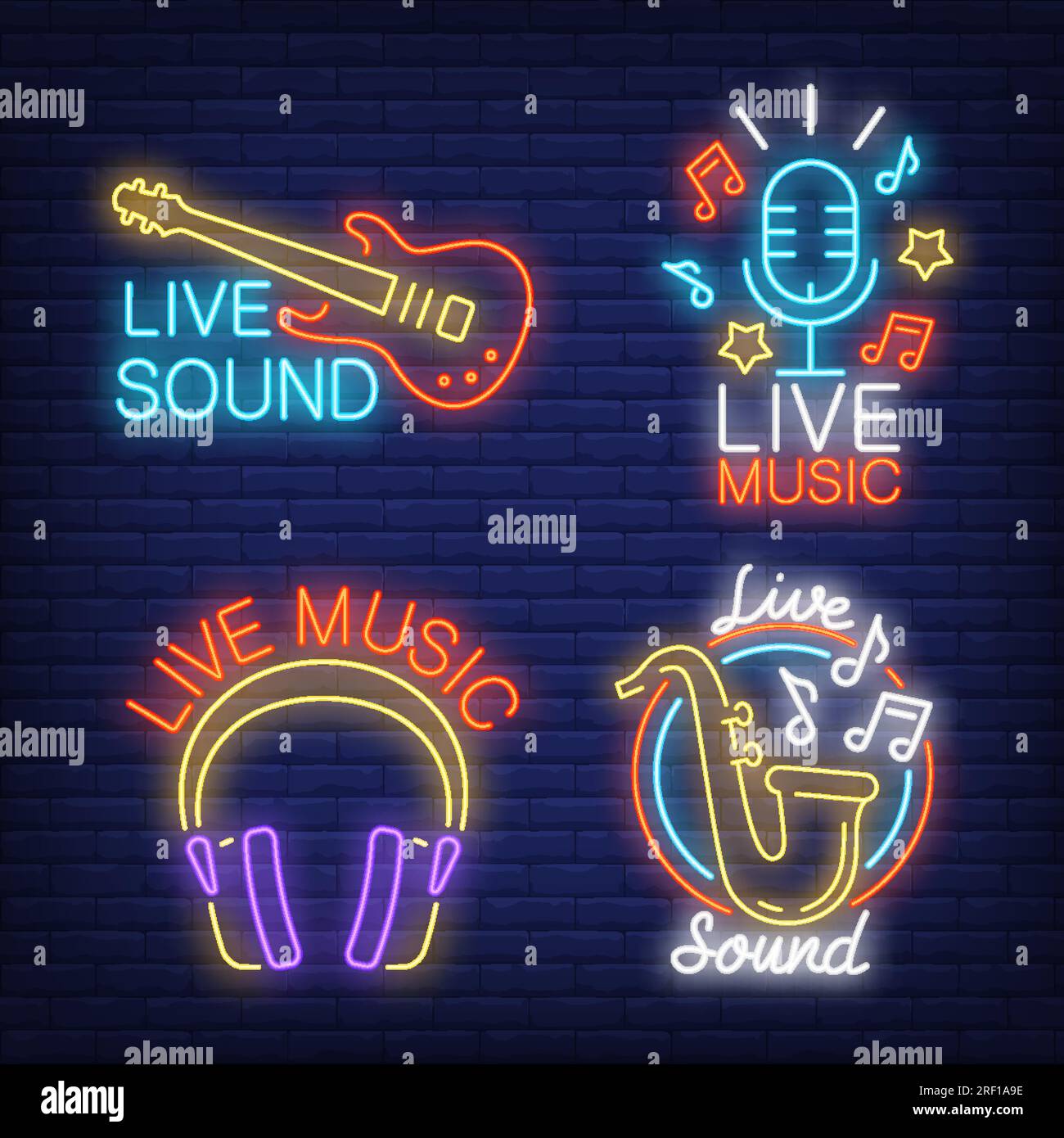 Live music neon signs set with guitar, microphone and headphones Stock ...