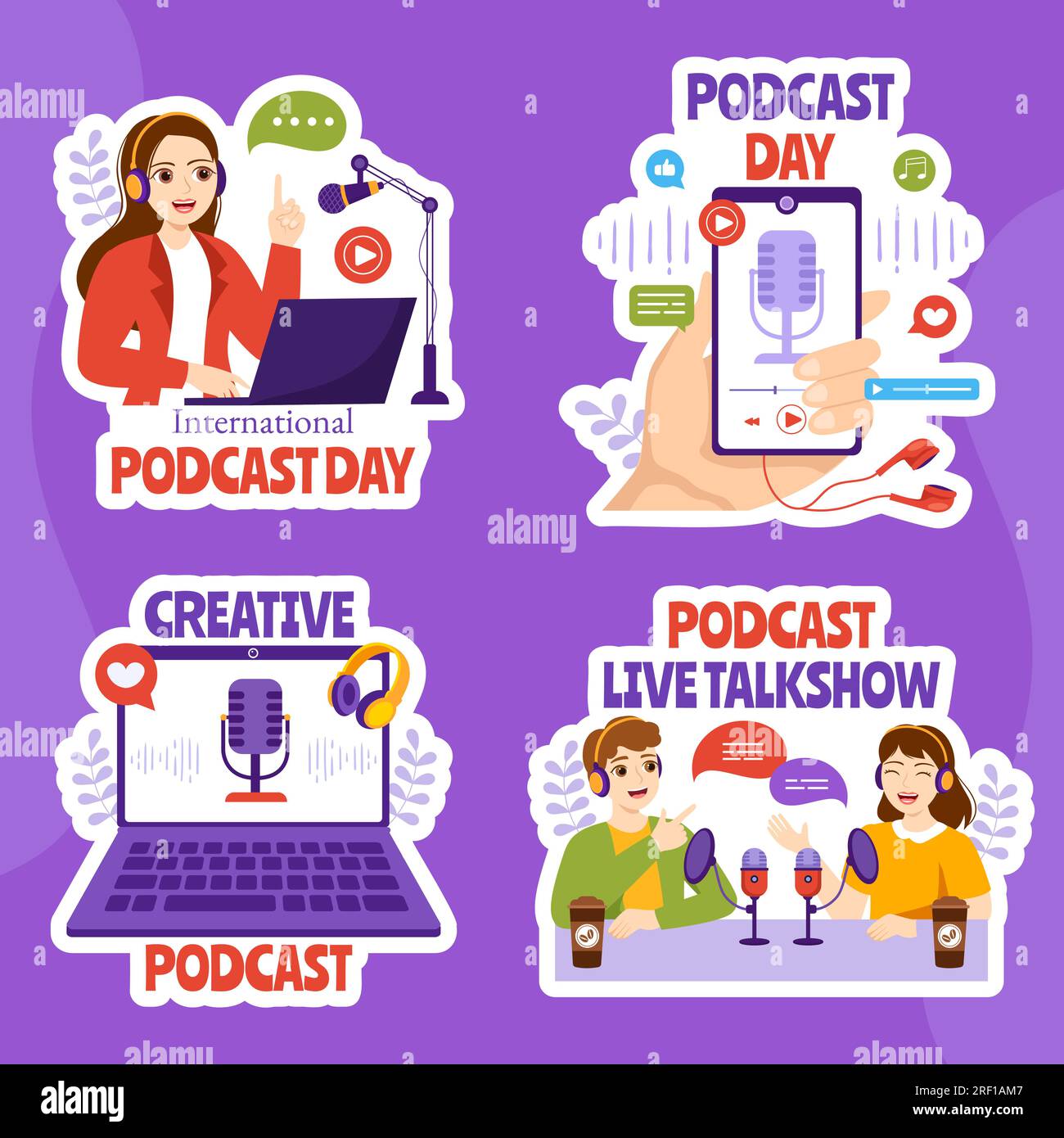 Podcast Day Label Flat Cartoon Hand Drawn Templates Background ...