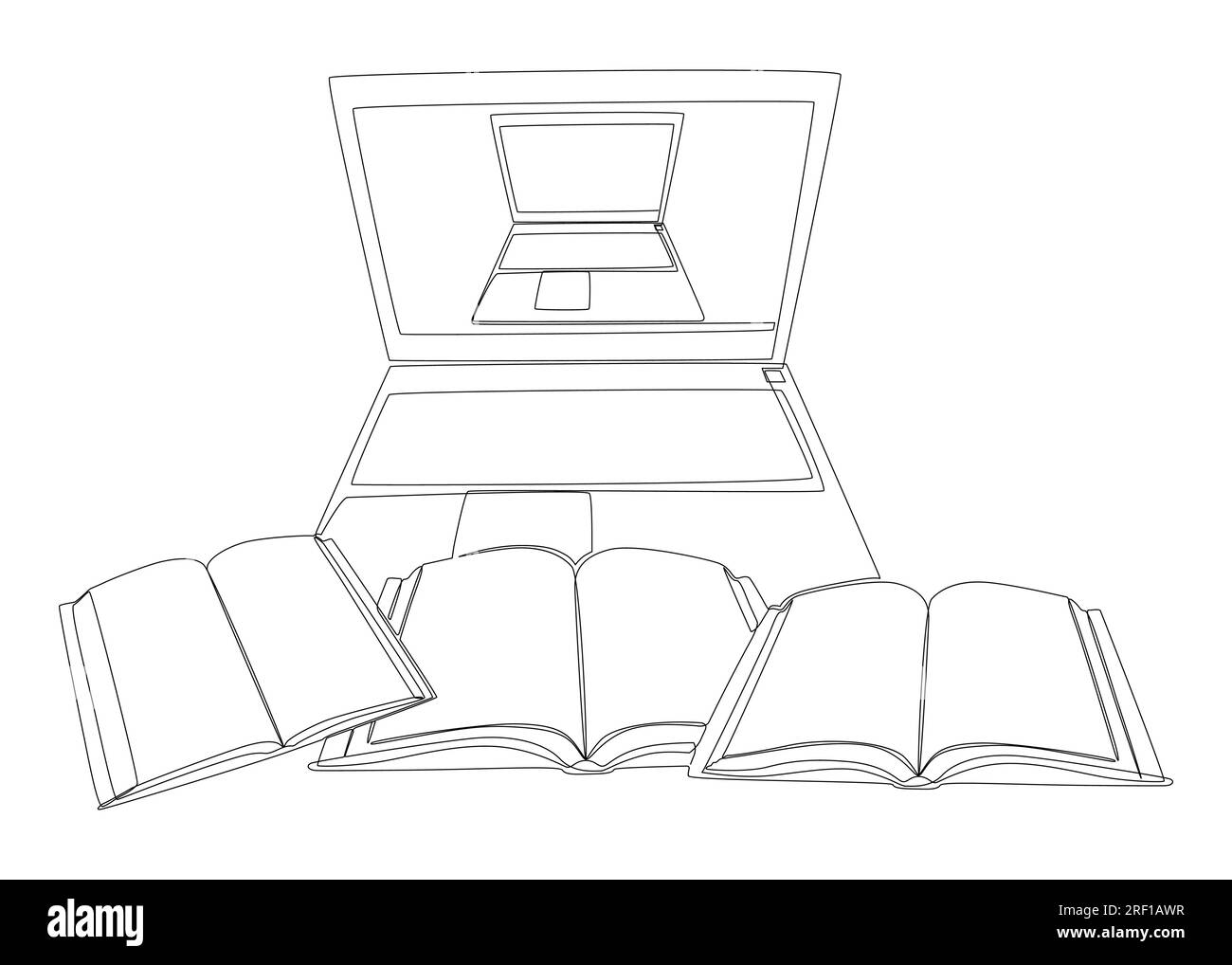 One continuous line of Laptop with books. Thin Line Electronic ...