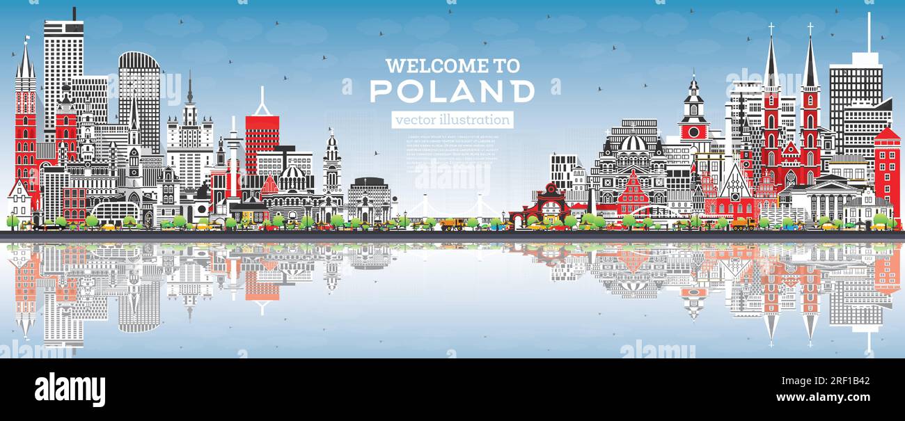 Poland City Skyline with Gray Buildings, Blue Sky and Reflections ...