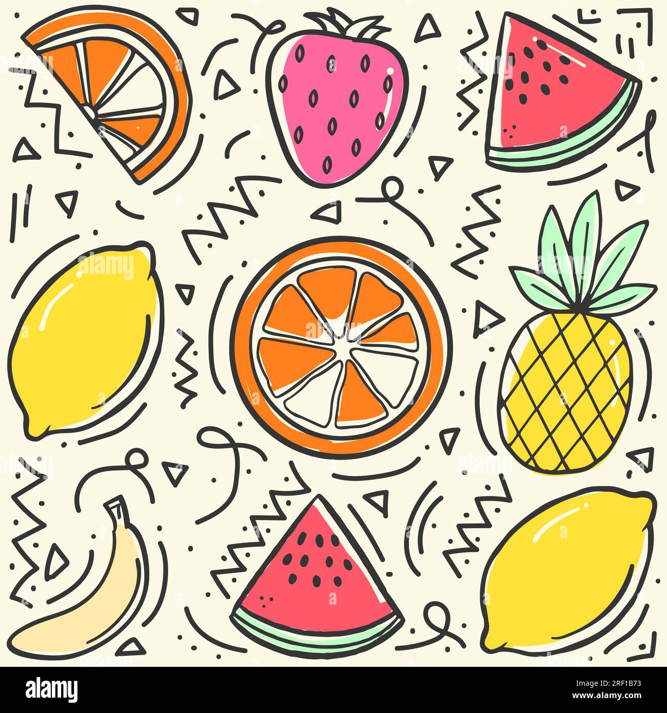 Hand drawn summer doodle background with fruits watermelon pineapple ...