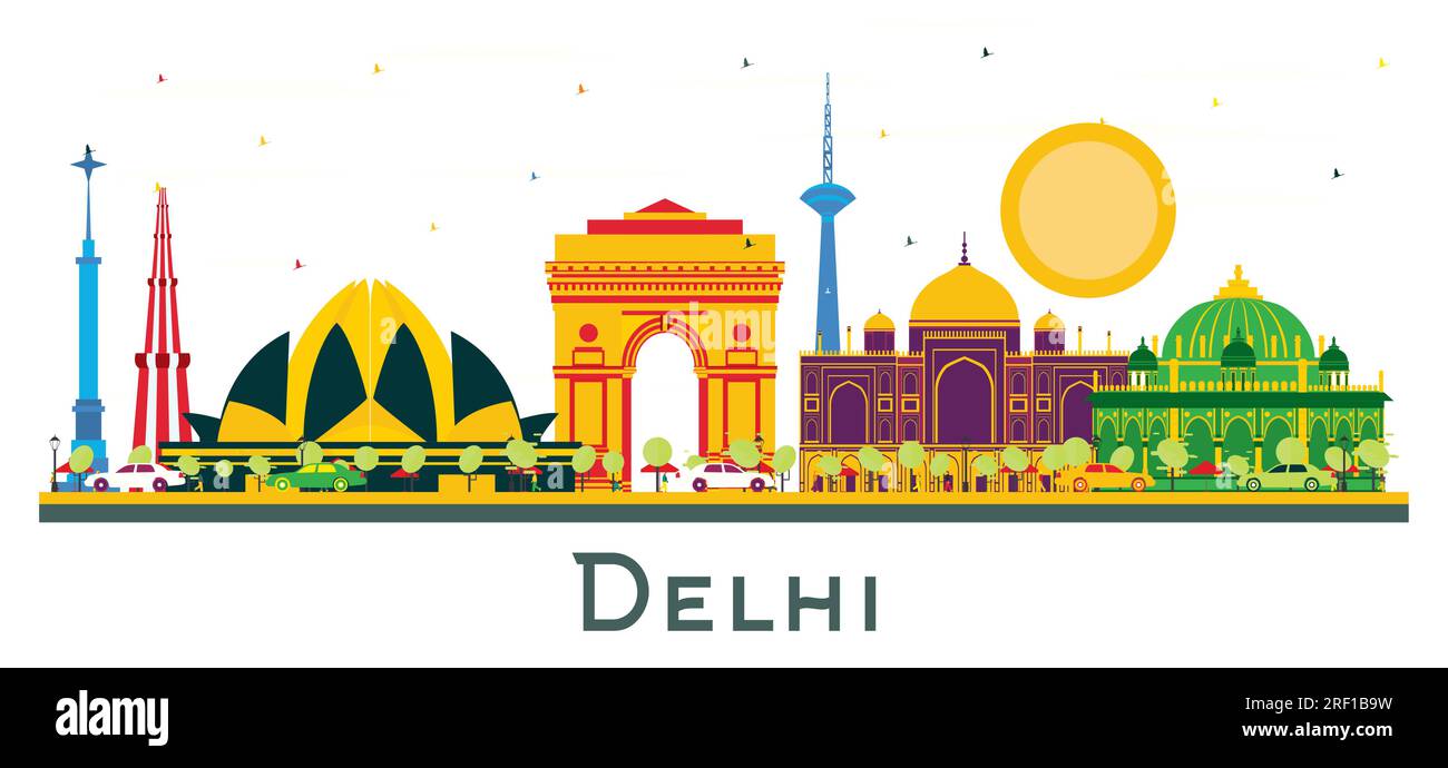 Delhi India City Skyline with Color Buildings Isolated on White. Vector ...