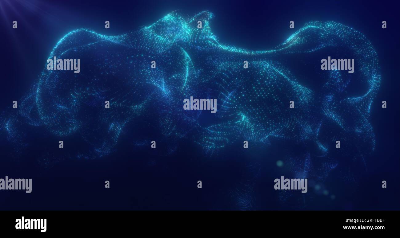 Abstract floating liquid from energetic blue particles glowing magical ...