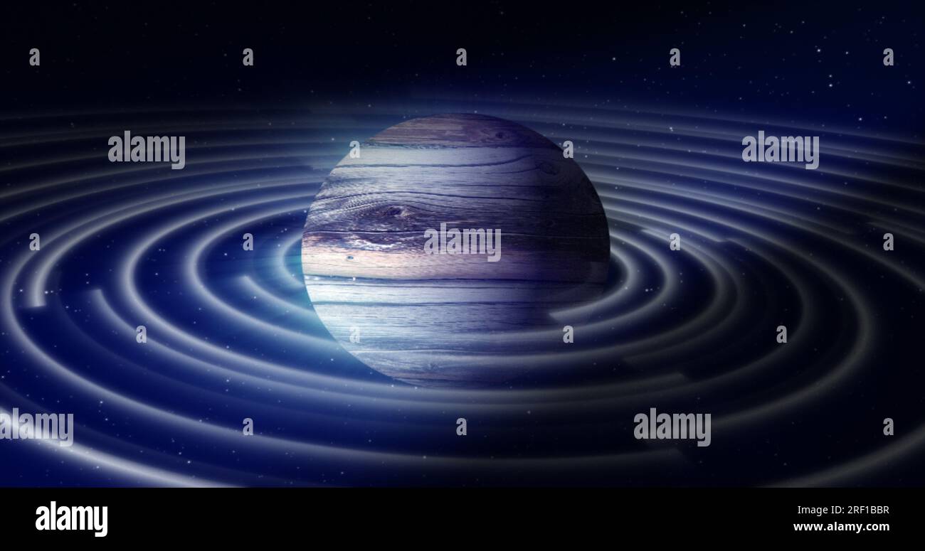 Abstract blue space planet with a round asteroid belt ring futuristic ...