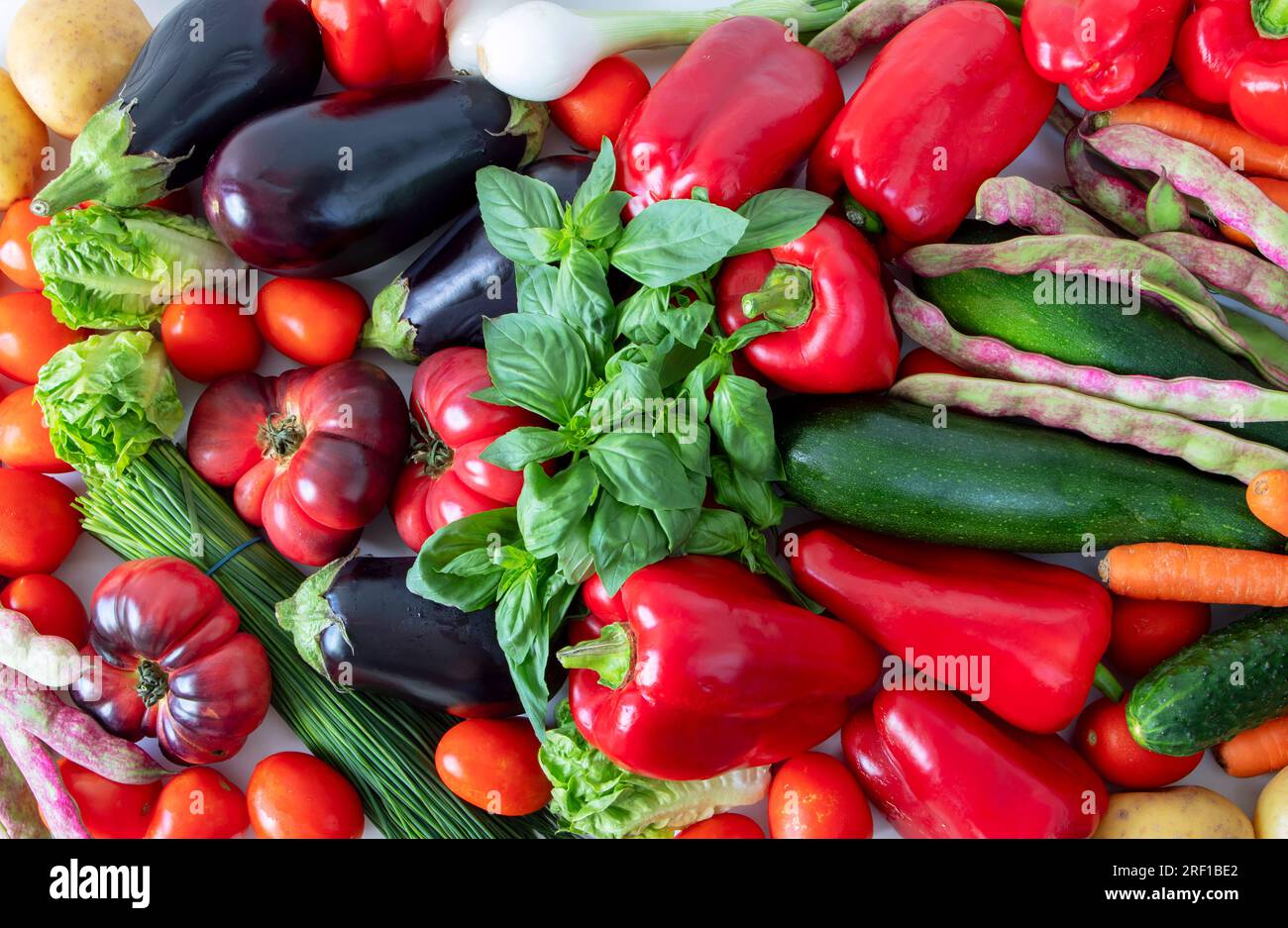 Vegetables summer abundance top view. Tomatoes, bell pepper,common ...