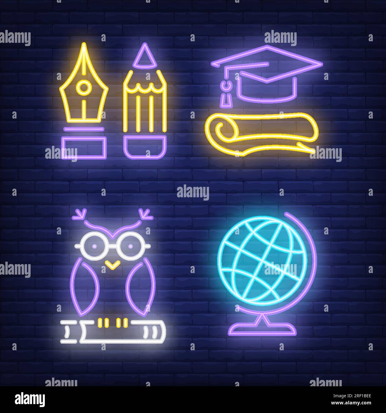 Earth globe, owl, graduation cap and pencil neon signs set Stock Vector ...