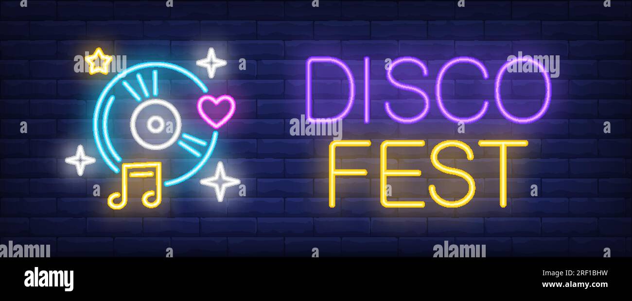 Disco fest neon text and compact disk with music note Stock Vector ...