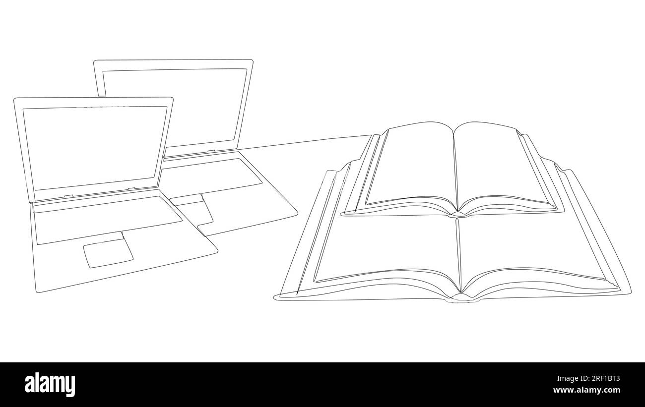 One continuous line of Laptop with books. Thin Line Electronic ...