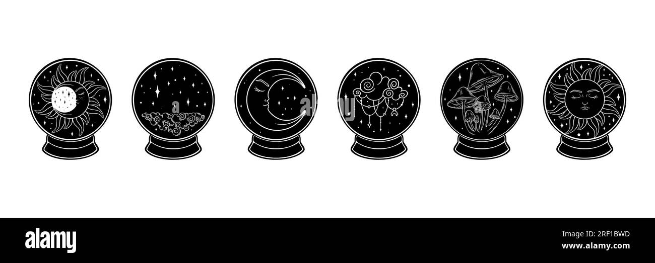 Crystall ball collection. Witch occult balls with mystic powers. Vector ...