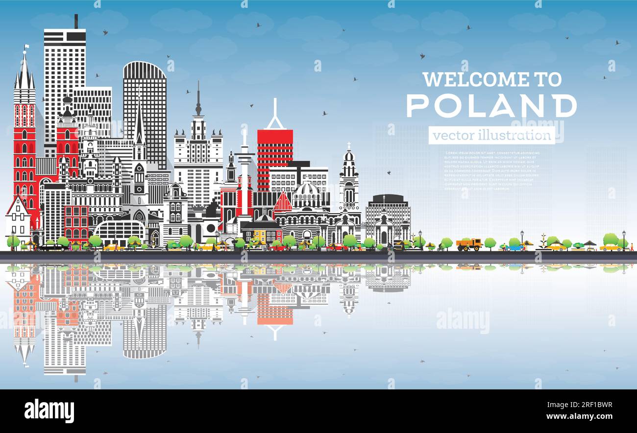 Poland City Skyline with Gray Buildings, Blue Sky and Reflections ...