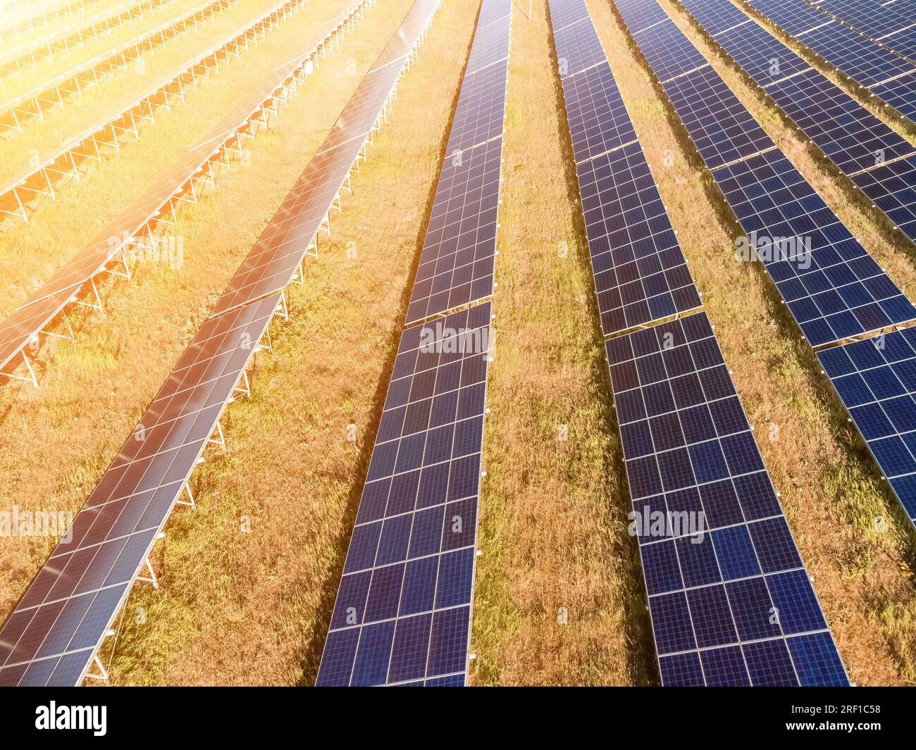 Aerial top view of a solar panels power plant. Photovoltaic solar ...