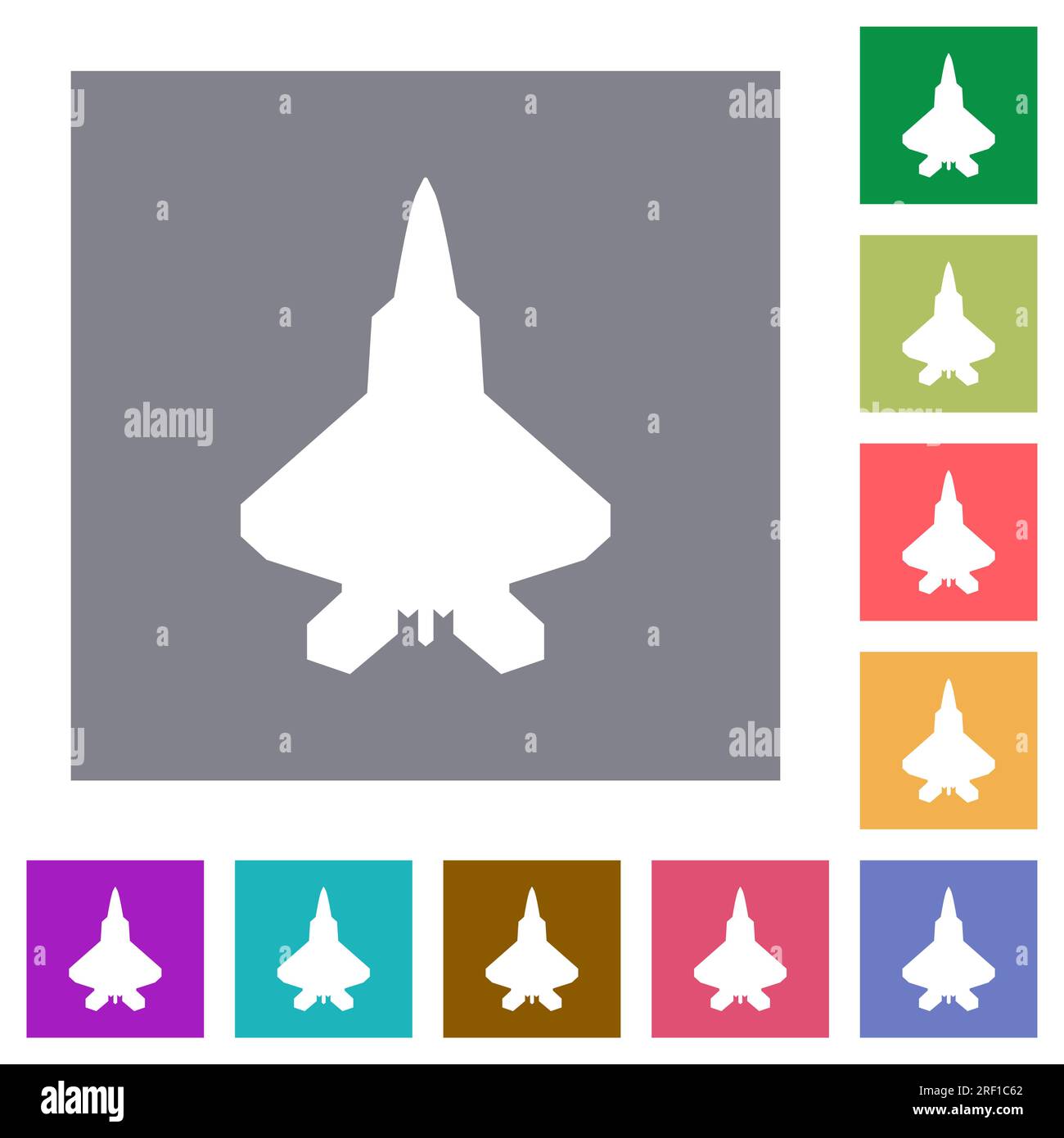 Jet fighter silhouette flat icons on simple color square backgrounds ...