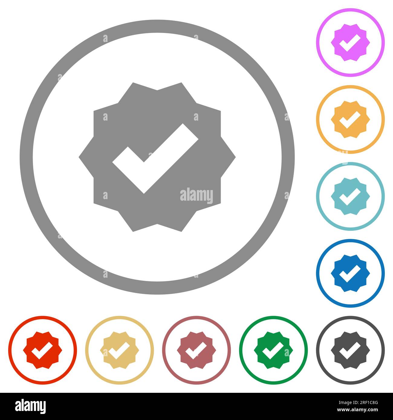 Verified sticker solid flat color icons in round outlines on white ...