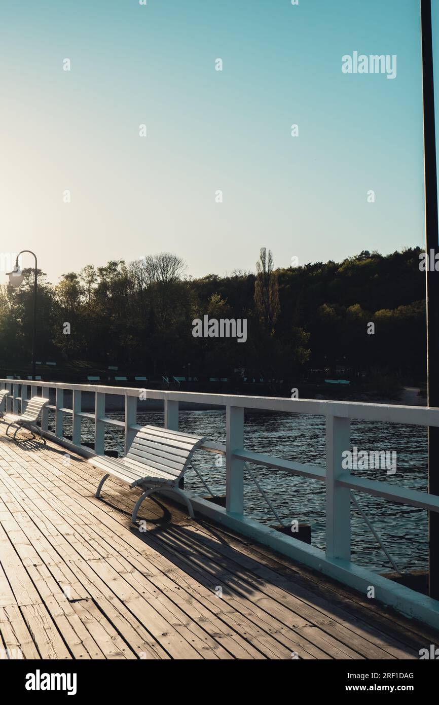 White Old wood bridge pier against beautiful sunset sky natural ...