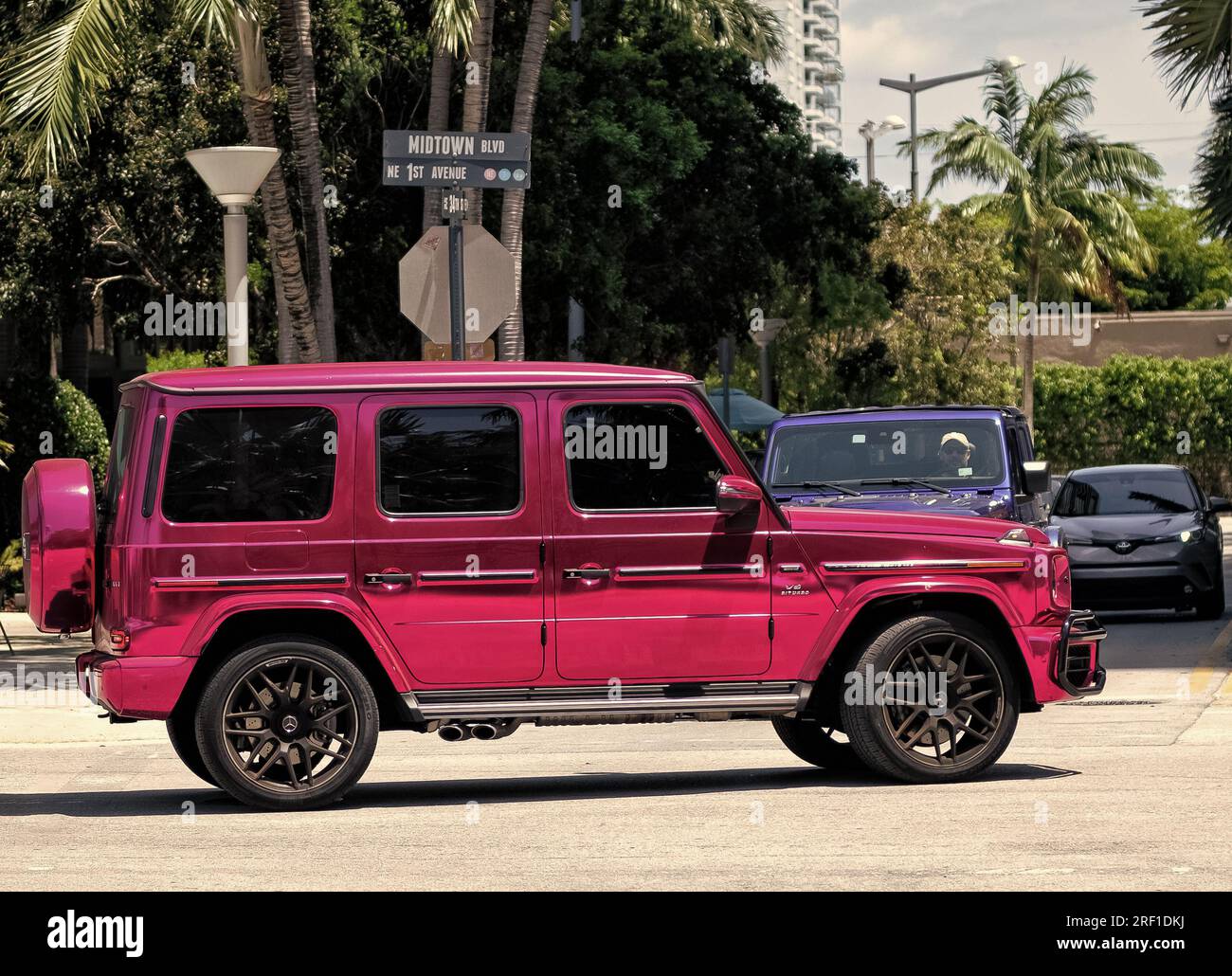 Miami Beach, Florida USA - April 15, 2021: pink metallic mercedes benz ...