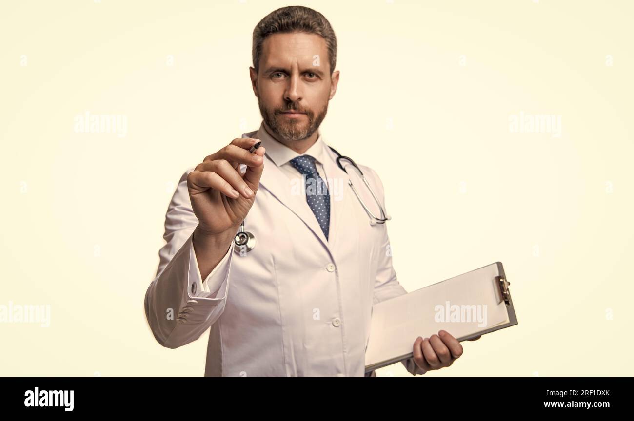 selective focus of internist with anamnesis isolated on white ...