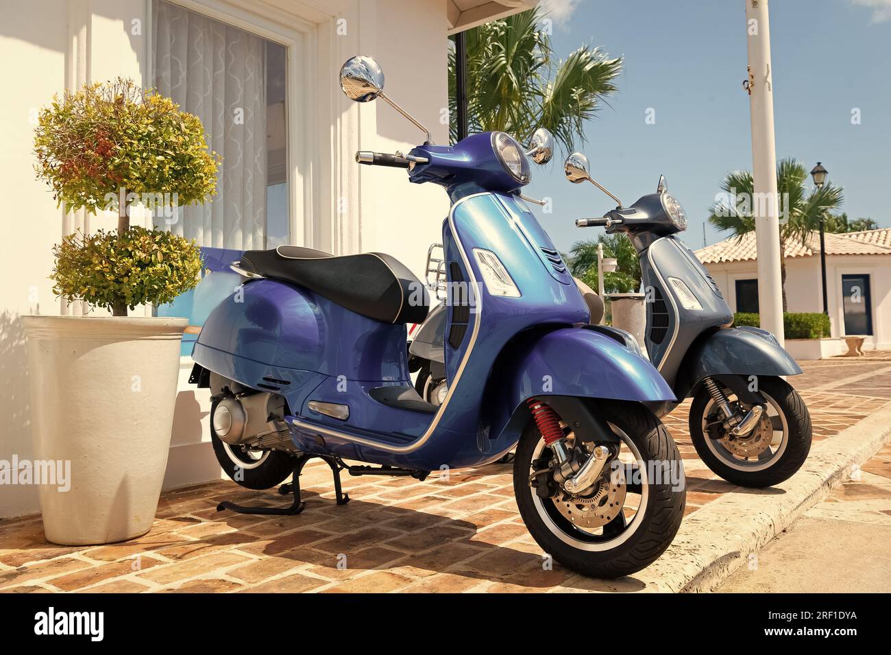 side view of moped vehicle blue color. moped vehicle outside. moped ...
