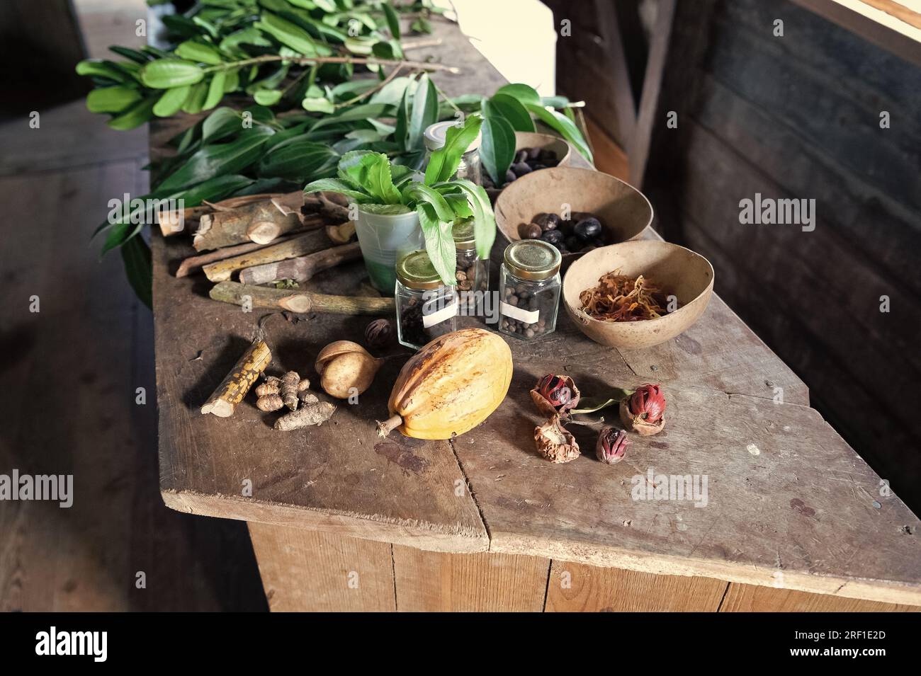 Organic spices on wooden table. Spices in assortment. Natural wholesome ...
