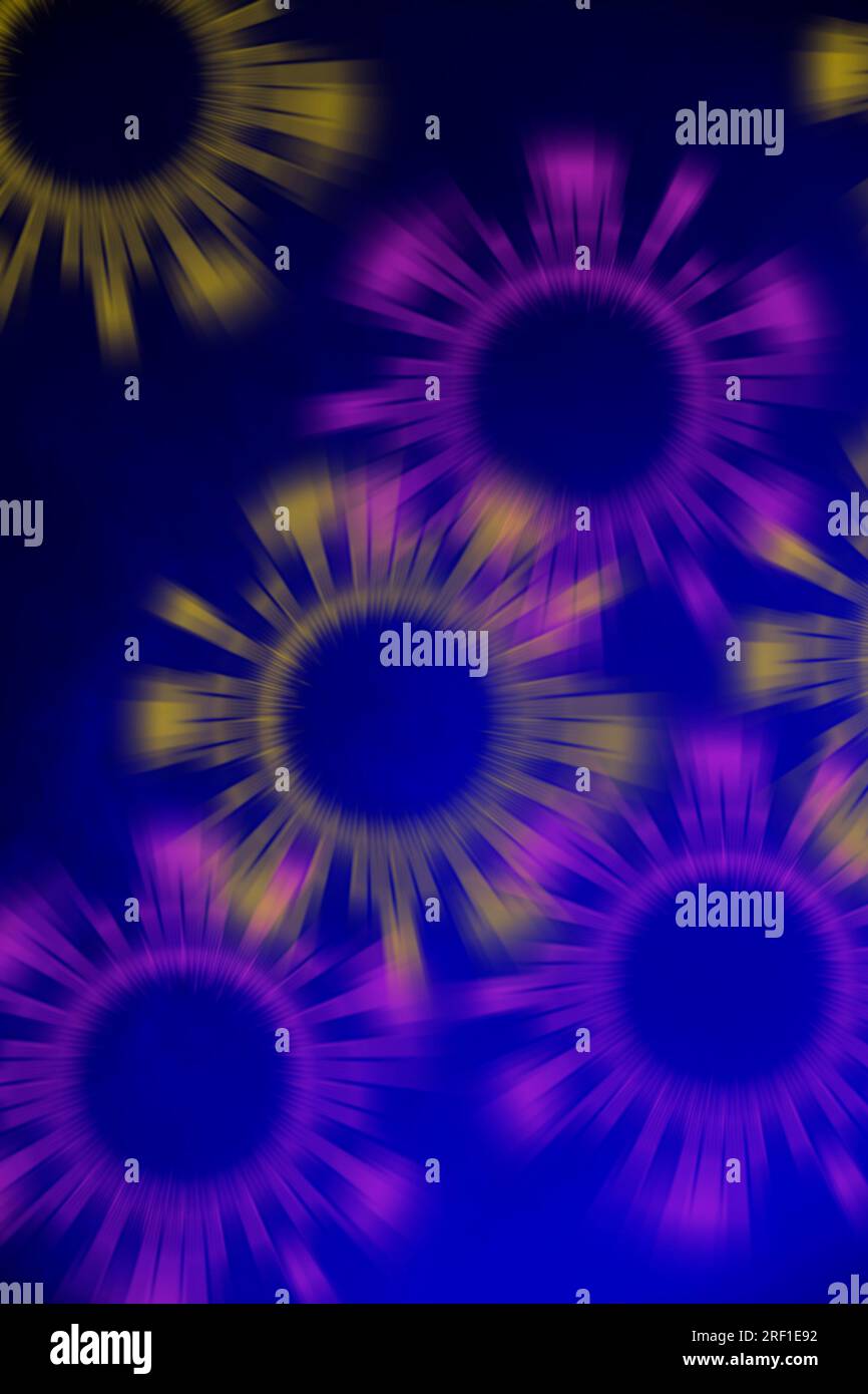 Violet and yellow light circles from spotlights on a dark blue smoky ...