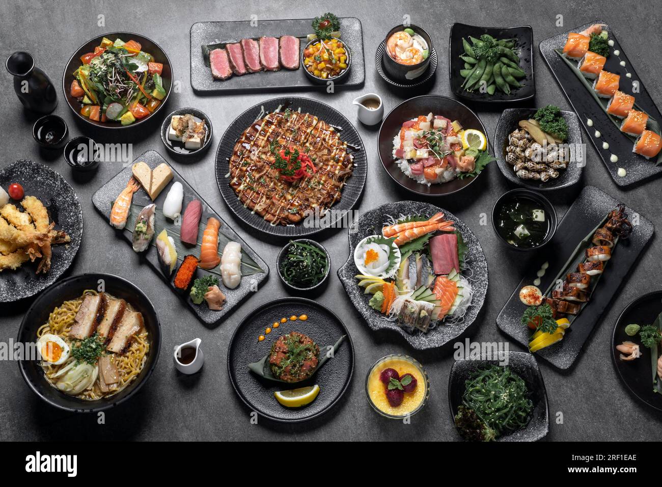 many traditional gourmet japanese food dishes variety on grey ...