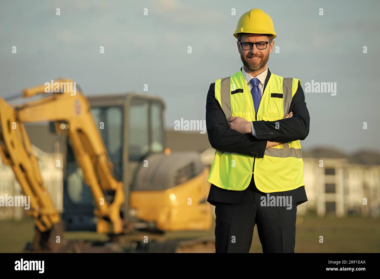 engineer man at civil engineering wear helmet, copy space banner. photo ...