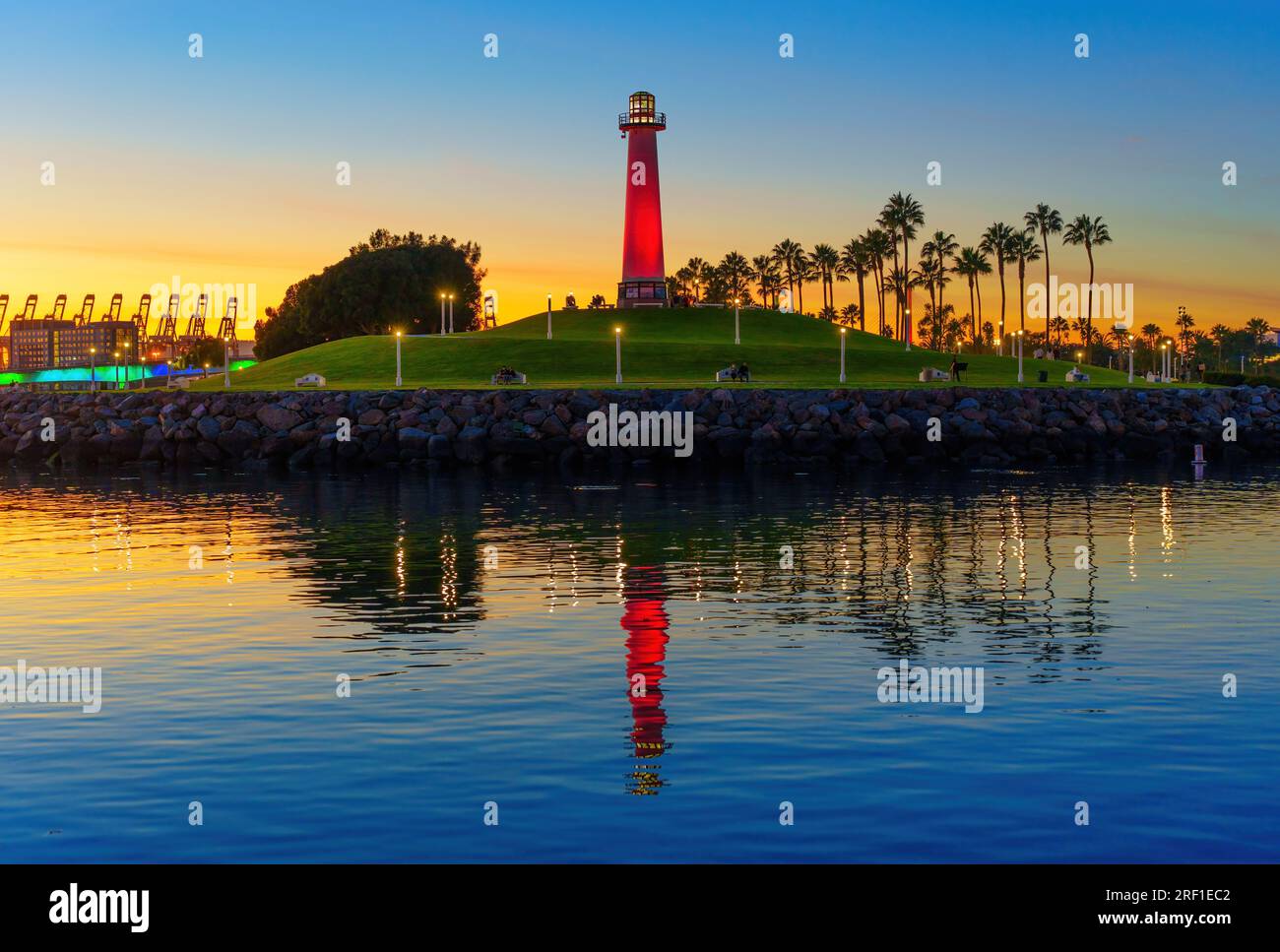 Area around the Lions Lighthouse at Long Beach, illuminated by a red ...