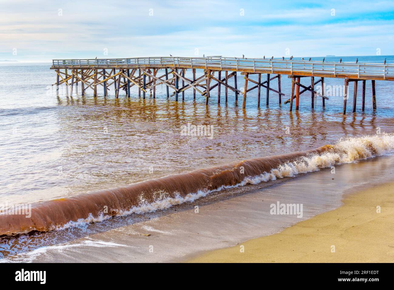 Wooden pier stretching into the ocean at sunrise with gentle waves ...