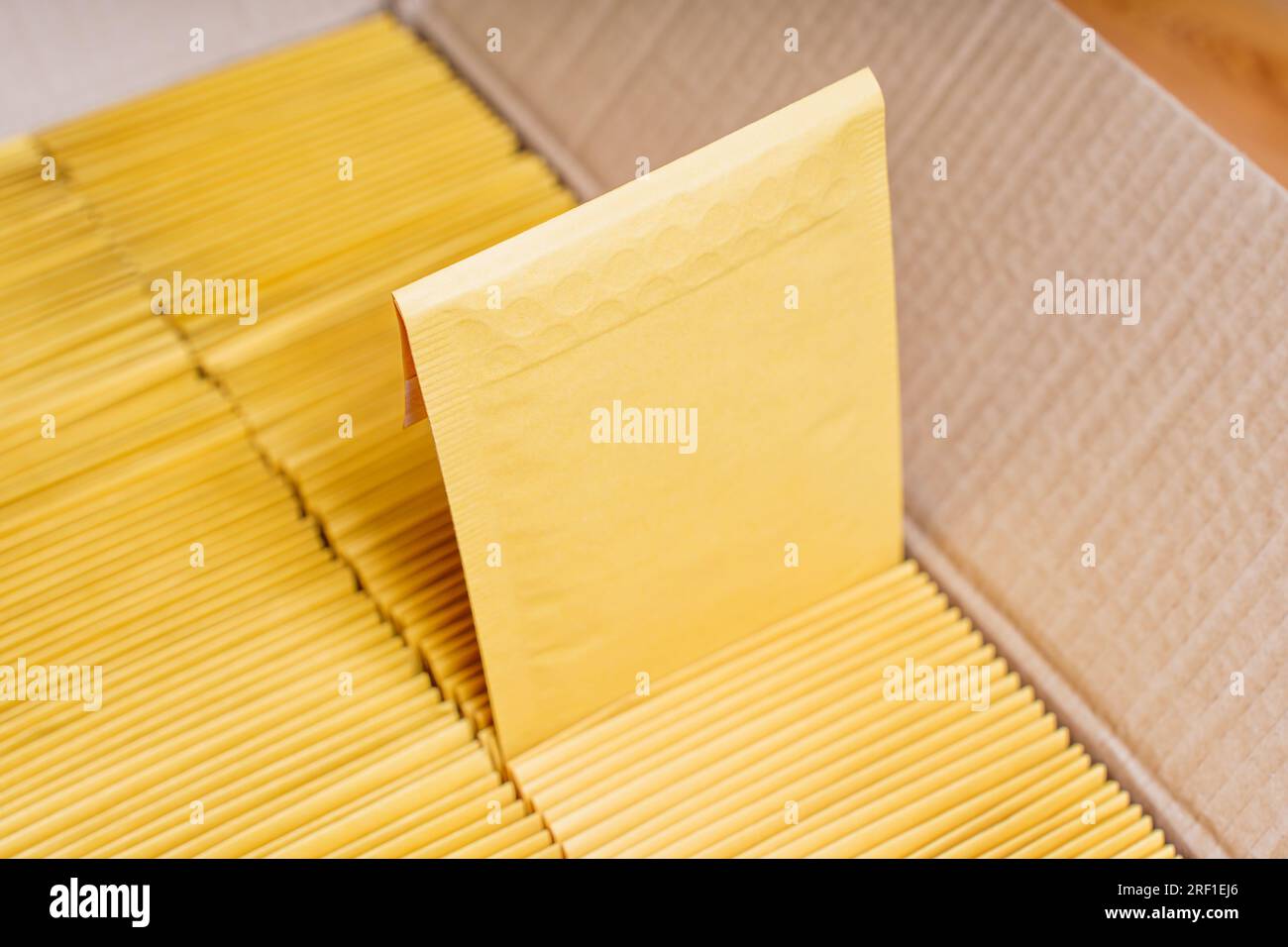 Close-up of an open cardboard box filled with neatly arranged padded ...